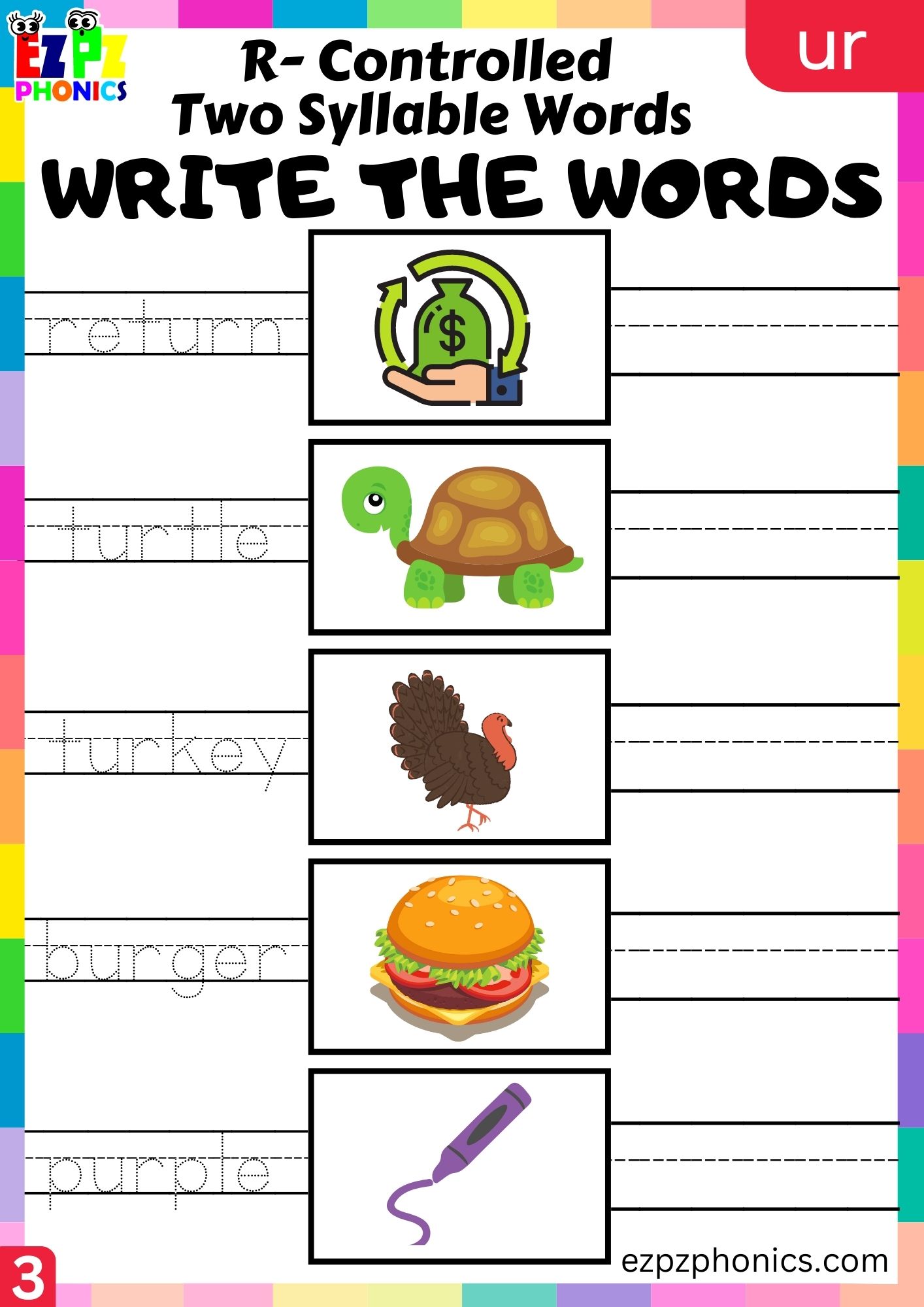 Write the words worksheet for ur two syllable words R Controlled Vowels group 3 - ezpzphonics.com